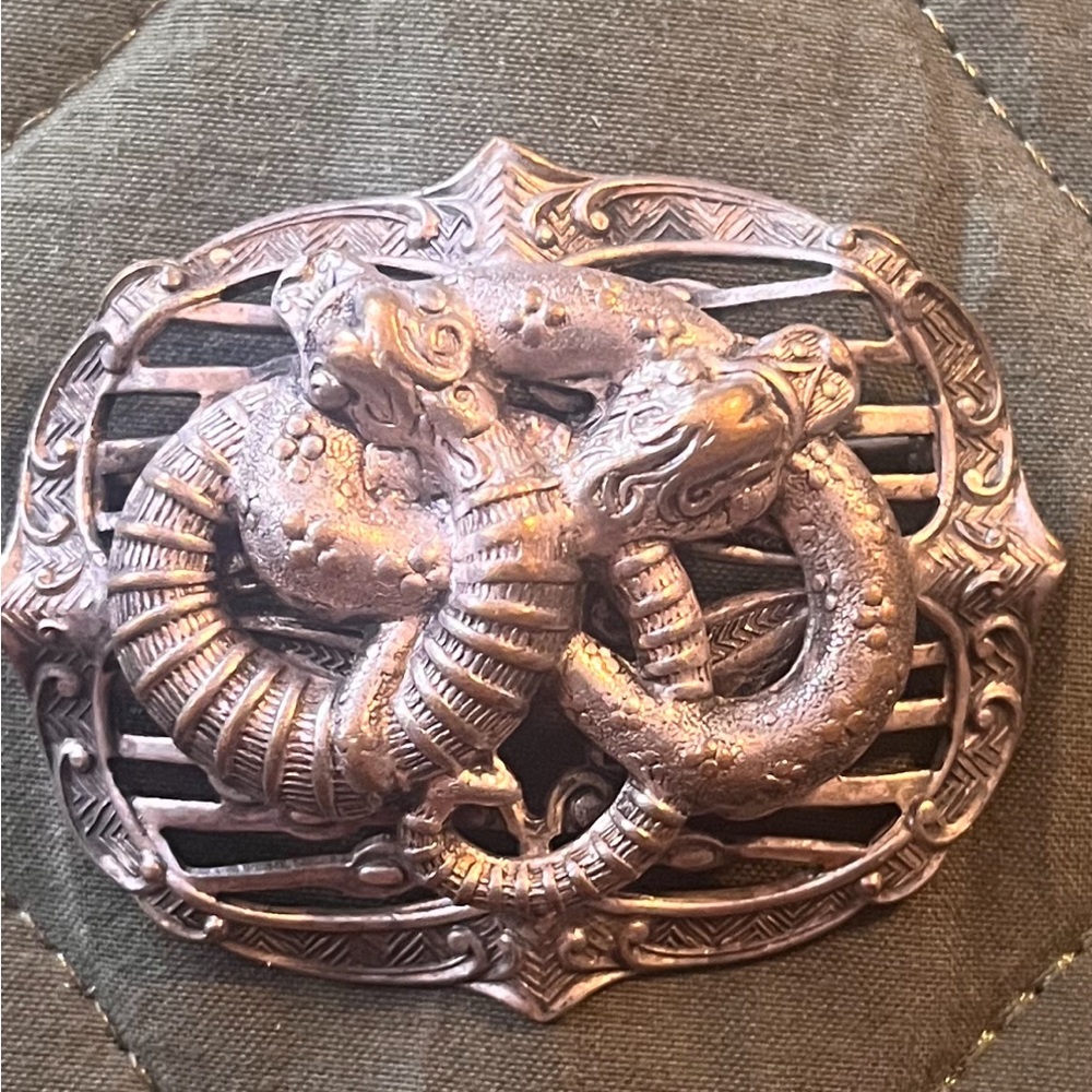 Vintage 1930s Double Snakes Brass Brooch - Gem
